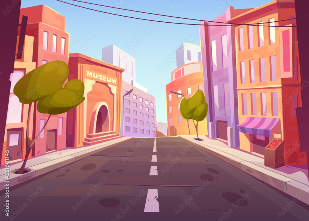 City street with house buildings, museum, shop, road, street lights and ...