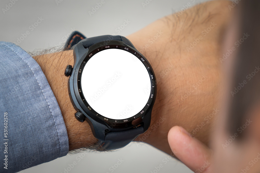 Smartwatch blank screen mock up wear on the hand.. Steel metallic hand ...