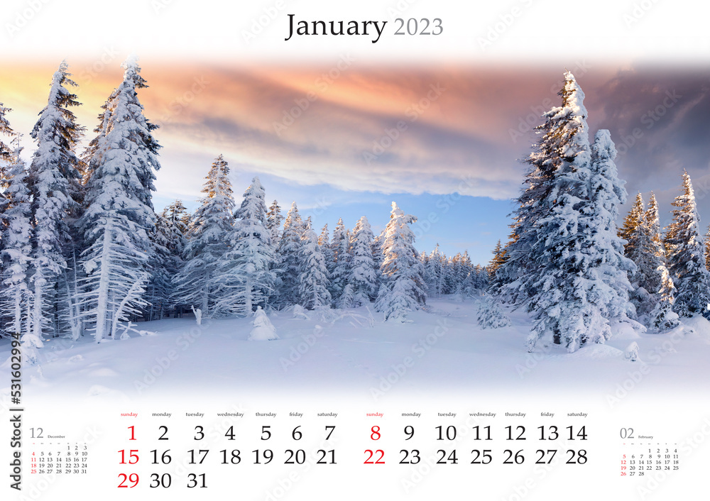 Horizontal wall calendar for 2023 year. January, B3 size. Set of ...