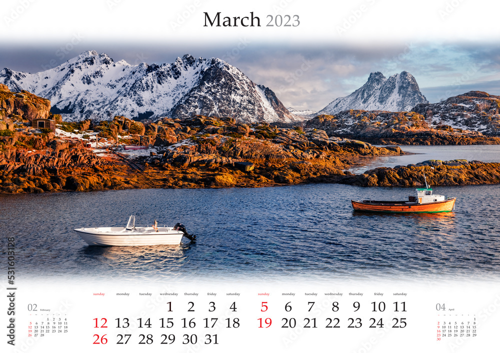 Wall calendar for 2023 year. March, B3 size. Set of calendars with ...