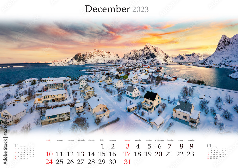 Foto de Wall calendar for 2023 year. December, B3 size. Set of ...