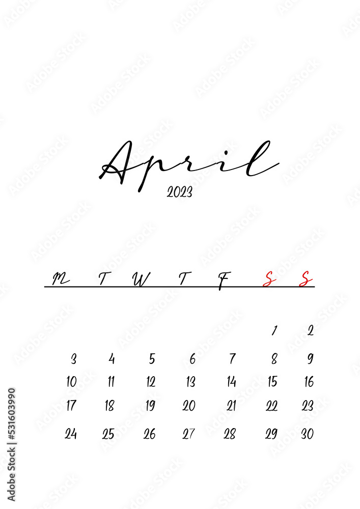 2023 Beautiful clean minimalistic calendar design - April Stock ...