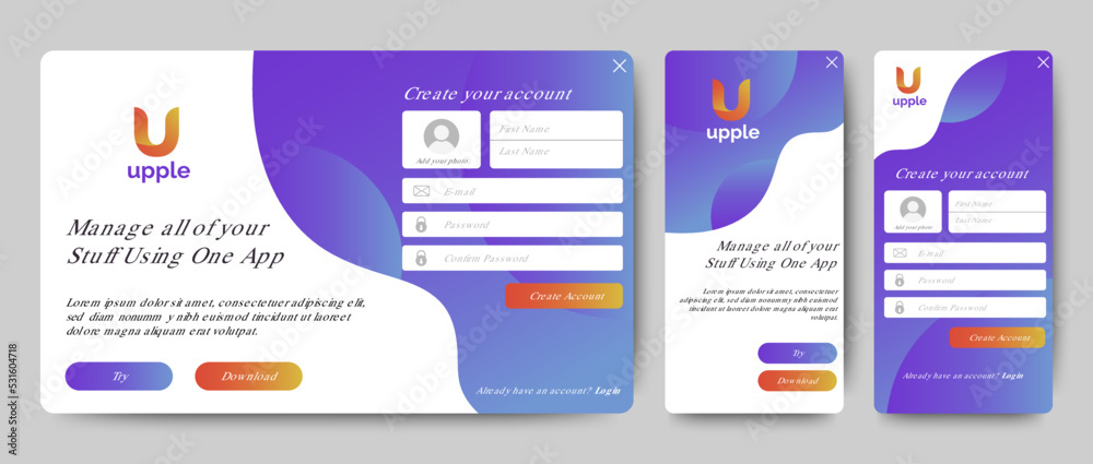 Set of Sign Up and Sign In forms. Blue gradient background with modern ...