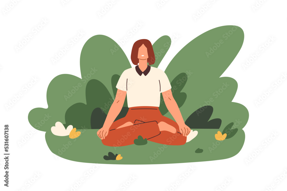 Meditation, yoga in nature. Woman meditating in zen pose, relaxing in ...