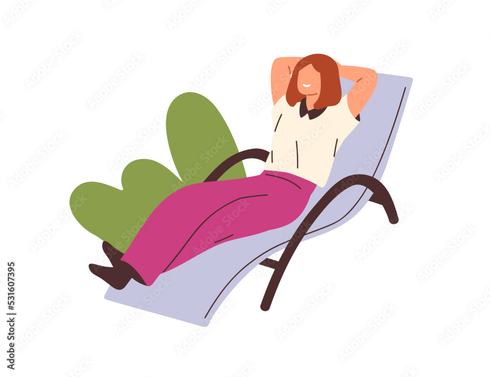 Happy woman relaxing, lying on chaise longue. Female employee chilling ...