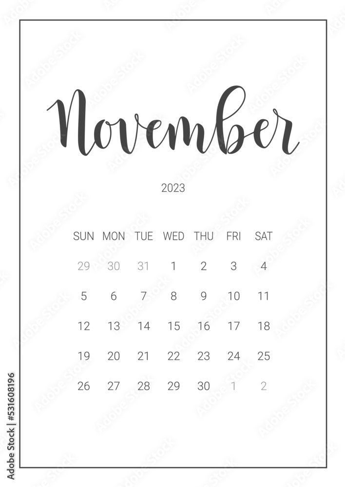 Vector Calendar Planner for November 2023. Handwritten lettering. Week ...