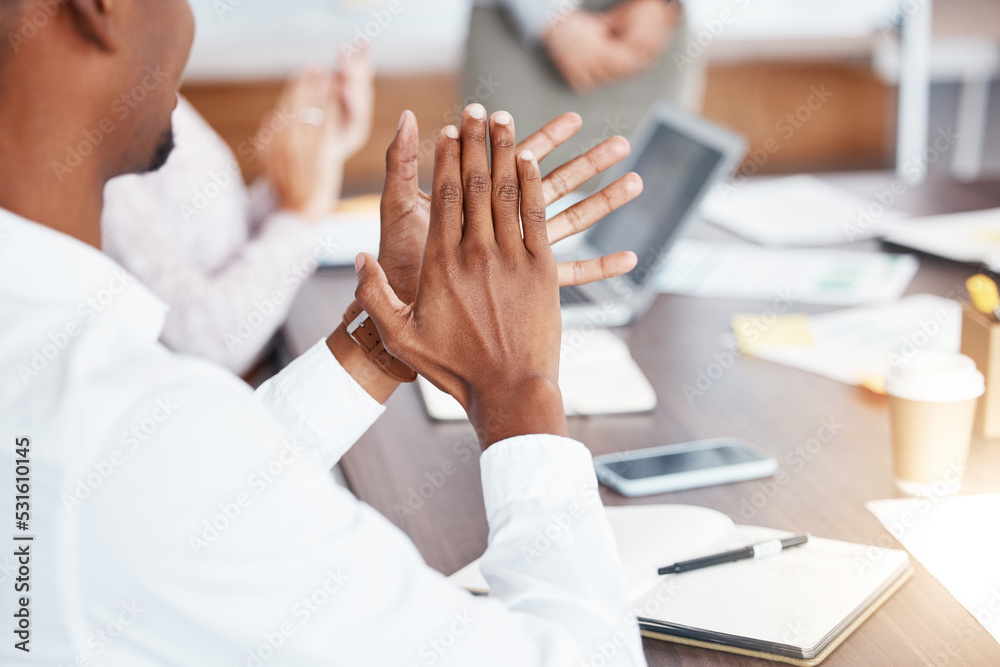 Black man hands, applause and business meeting in team seminar or ...
