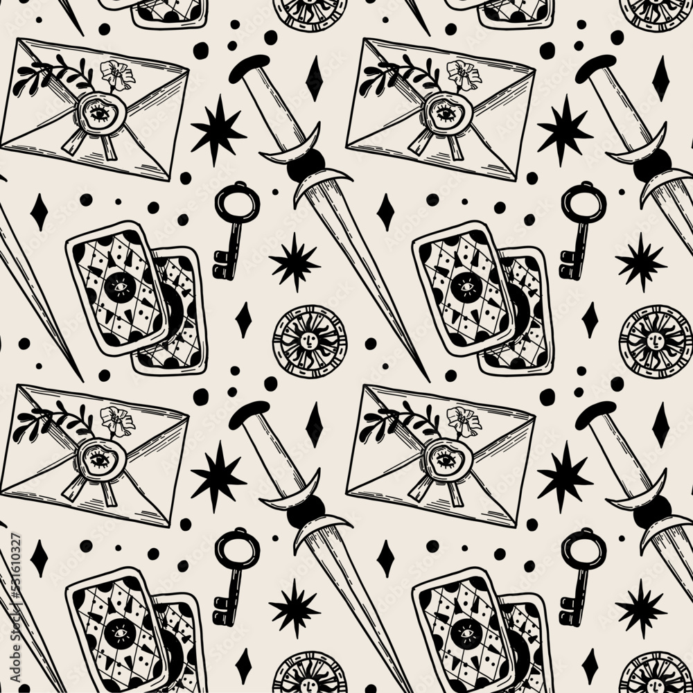 Vector magic seamless pattern. Hand drawn occult symbols. The pattern ...