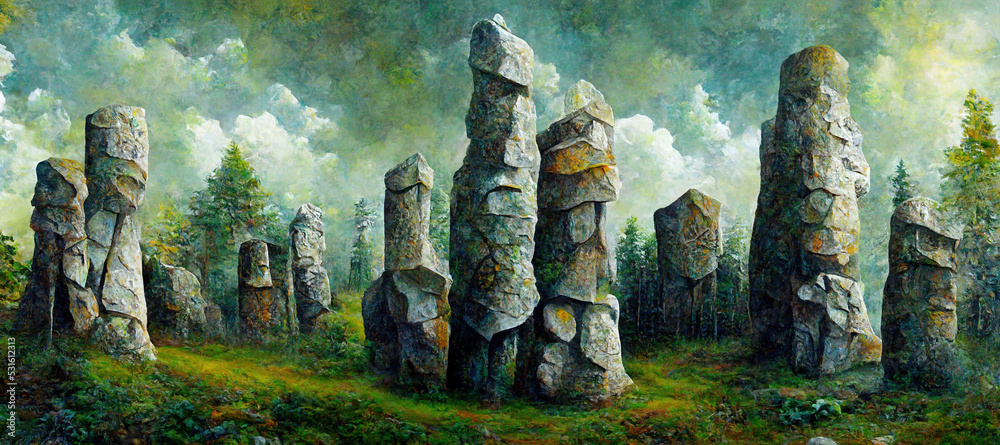Megalithic stone structures in a forest clearing. Stone pillars of an ...