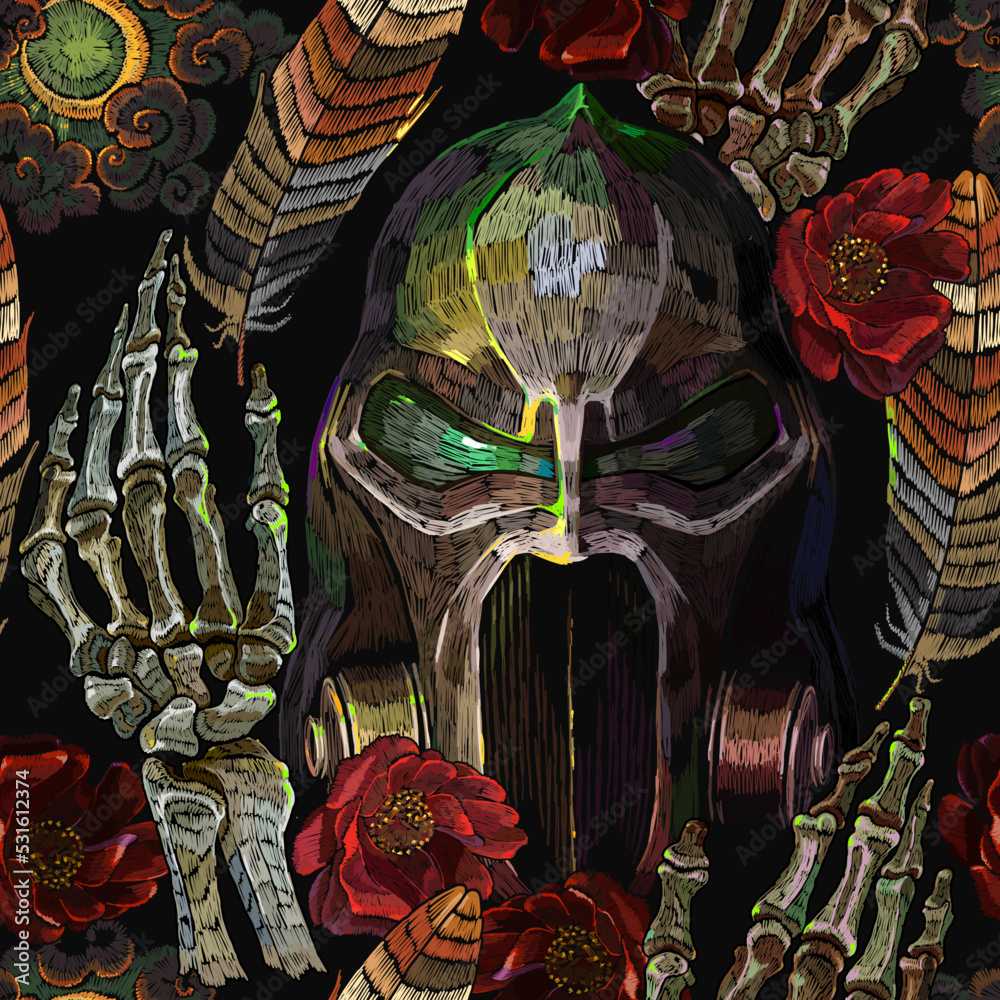Futuristic post apocalyptic cyberpunk gas mask, skeleton hands and wild ...