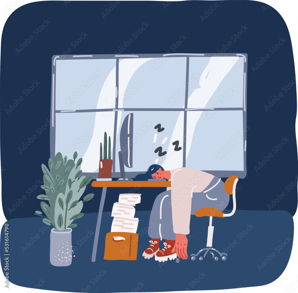 Cartoon vector illustration of Sleeping Businesswoman at Work. Tired ...