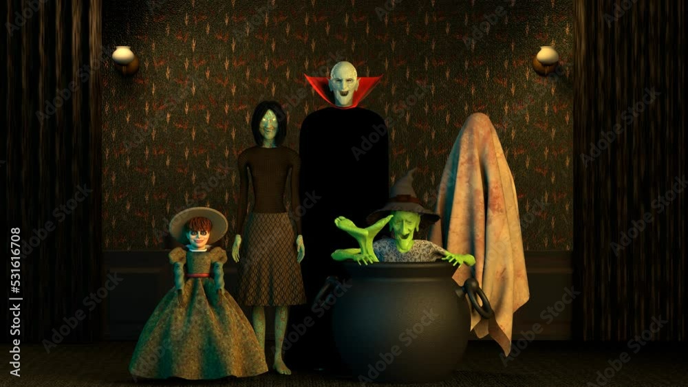 A group of horror movie characters takes a picture 3D 4K animation ...