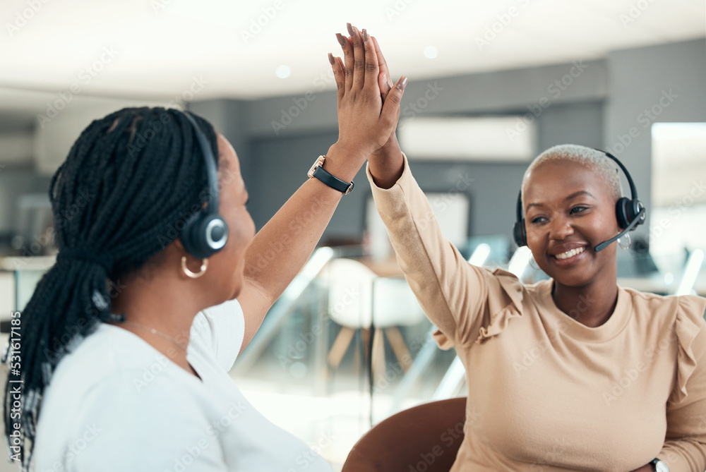 High five, call center and teamwork with women celebrating and happy ...