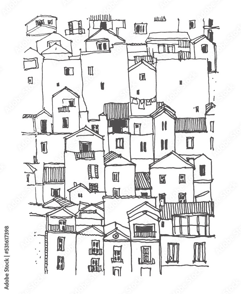 Travel sketch of houses in Bosa. Liner sketches buildings of Sardinia ...