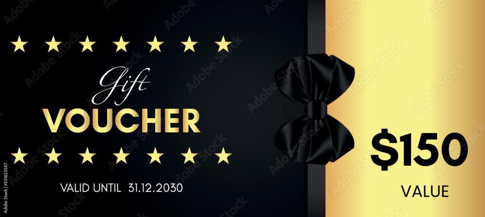150 Dollar value gift voucher template design with black bow and gold ...