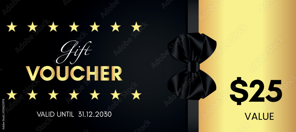 25 Dollar value gift voucher template design with black bow and gold ...