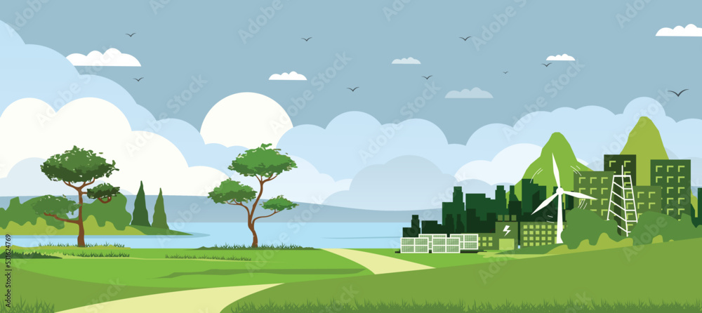 natural environment scenery background Along the lake with a path surrounded by nature. cartoon ...