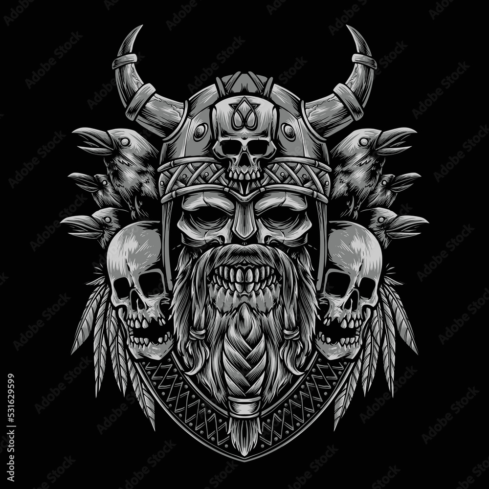 viking skull with raven vector illustration Stock Vector | Adobe Stock