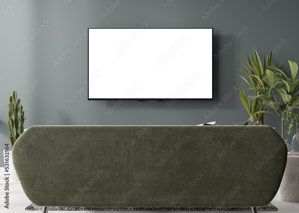 LED TV with blank white screen, hanging on the wall at home. TV mock up ...