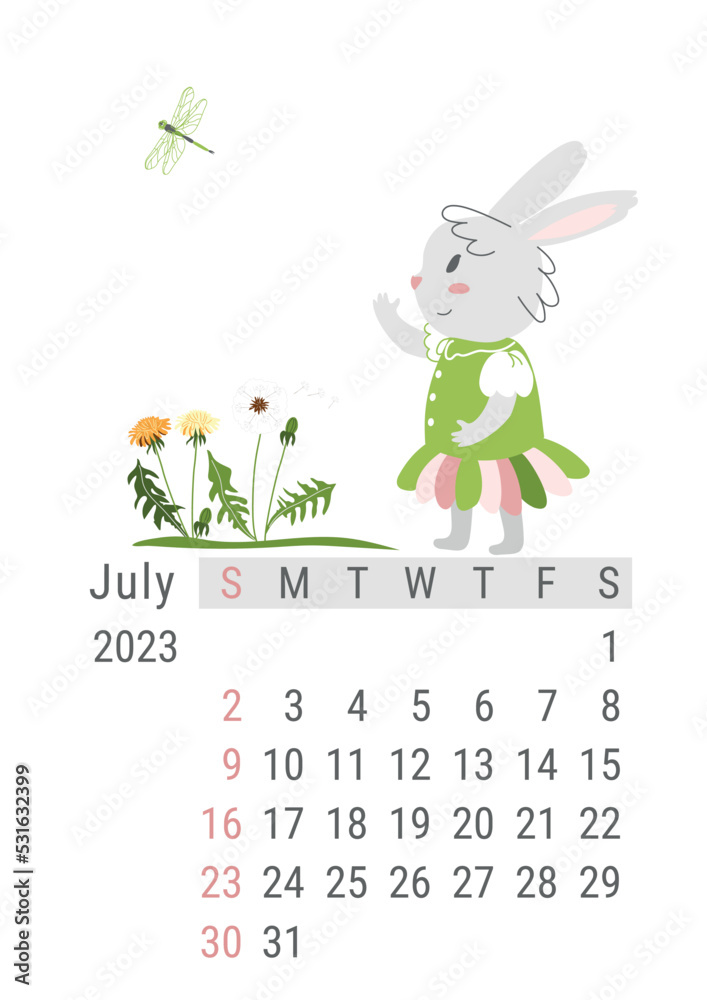 Vector vertical calendar for July 2023 with a baby rabbit in the meadow ...