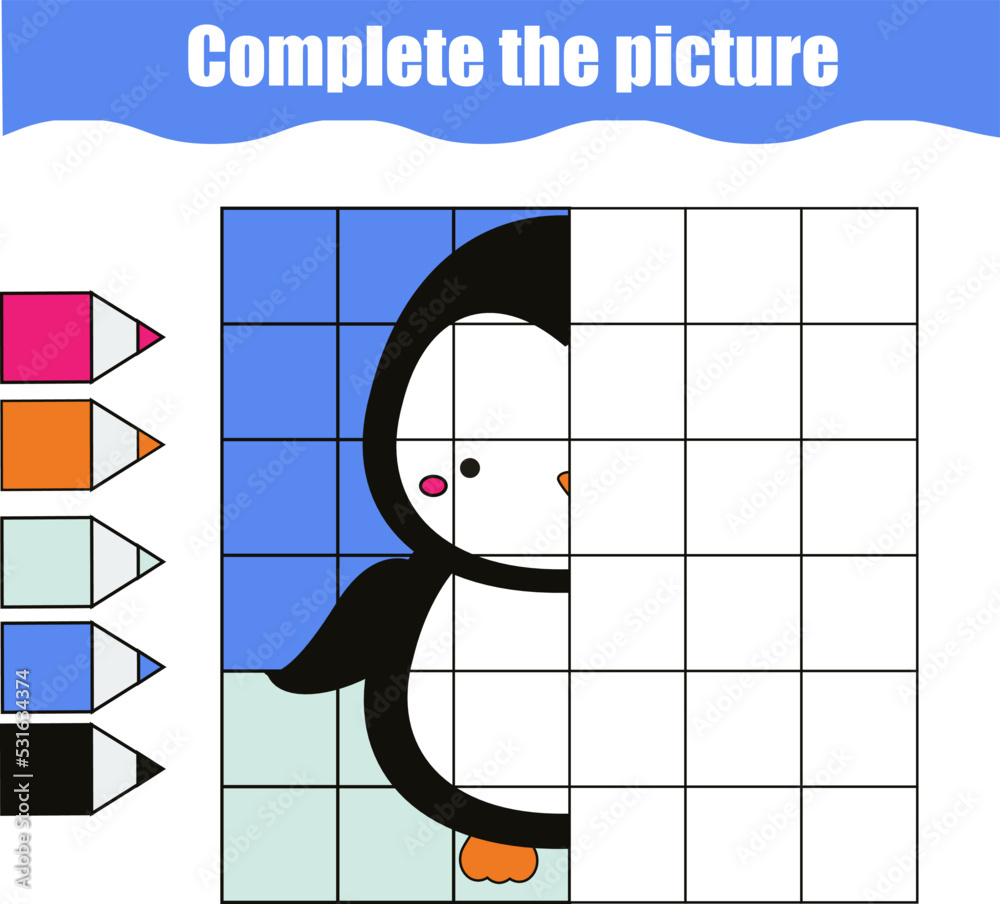 Complete picture by grid. Draw penguin. Animals theme educational ...