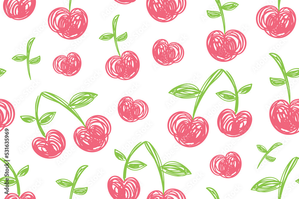 Cute cherry drawings vector illustration. Seamless pattern repeating ...