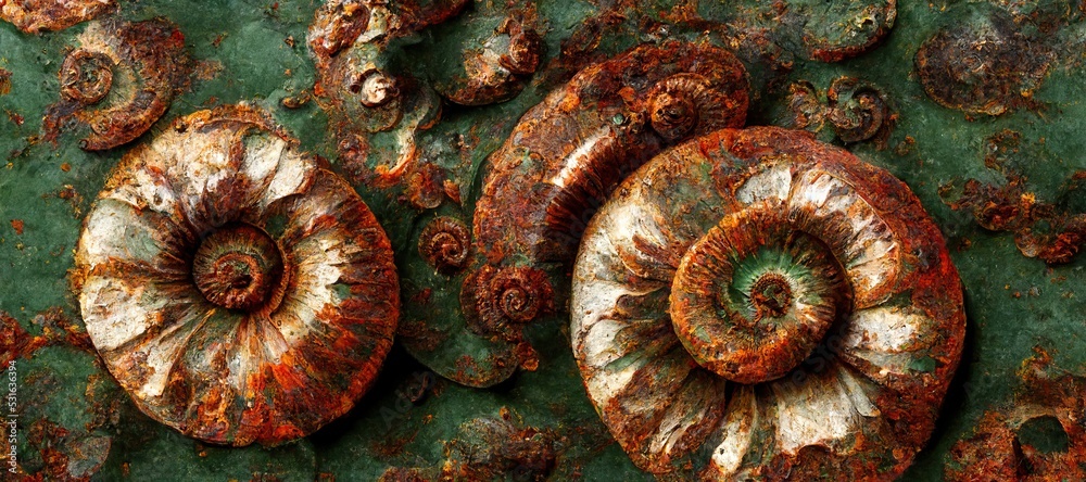 Elaborate and unique calcified ammonite sea shell spirals embedded into ...