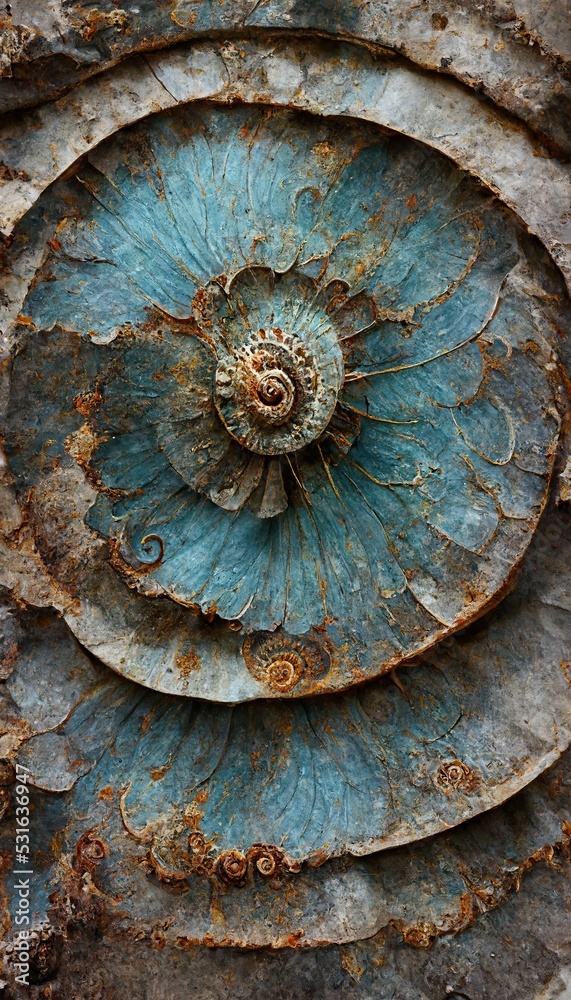 Elaborate and unique calcified ammonite sea shell spirals embedded into ...