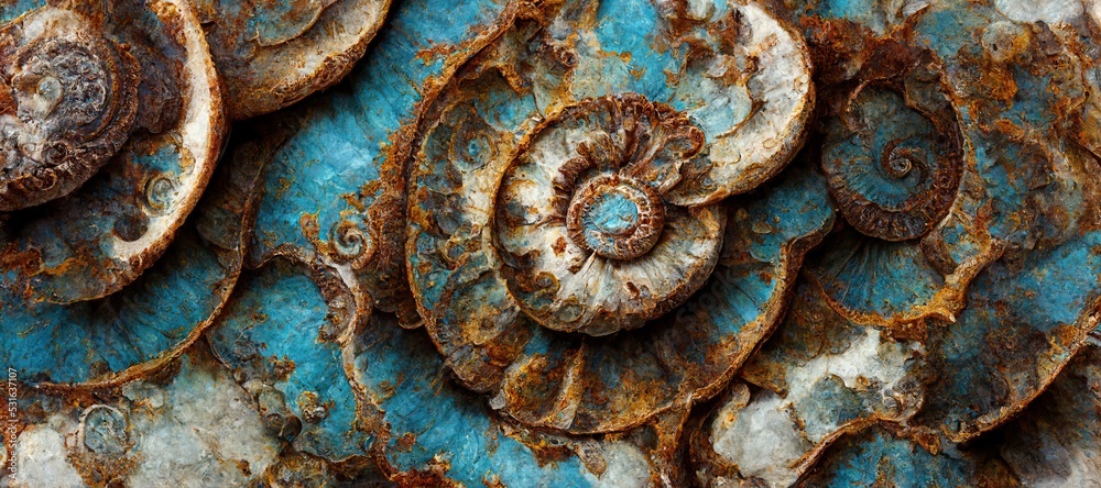 Elaborate and unique calcified ammonite sea shell spirals embedded into ...