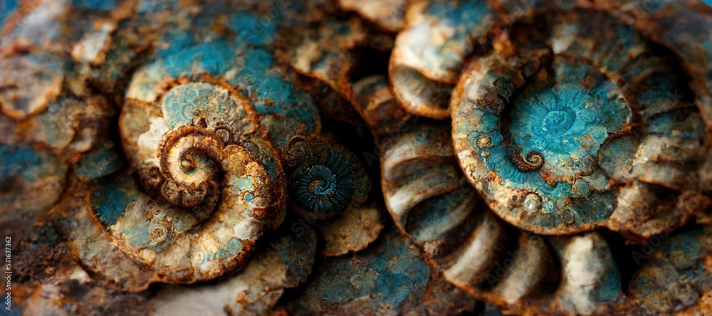 Elaborate and unique calcified ammonite sea shell spirals embedded into ...