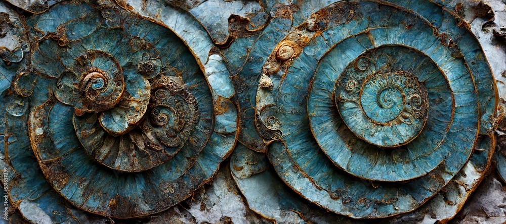 Elaborate and unique calcified ammonite sea shell spirals embedded into ...