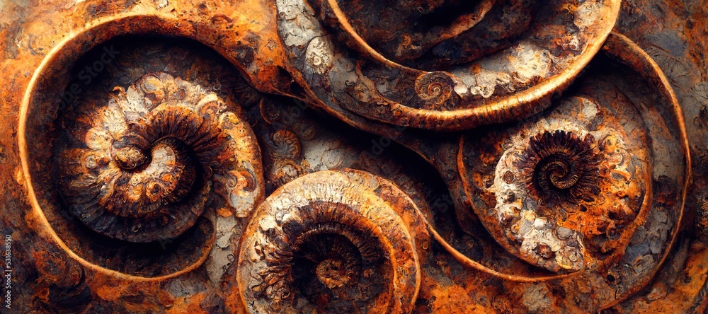 Elaborate and unique calcified ammonite sea shell spirals embedded into ...