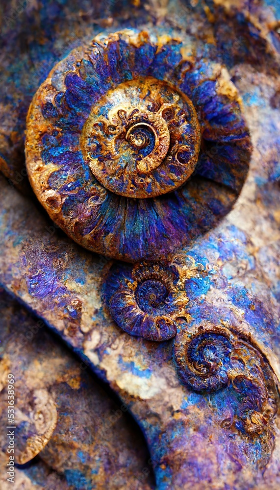 Elaborate and unique calcified ammonite sea shell spirals embedded into ...