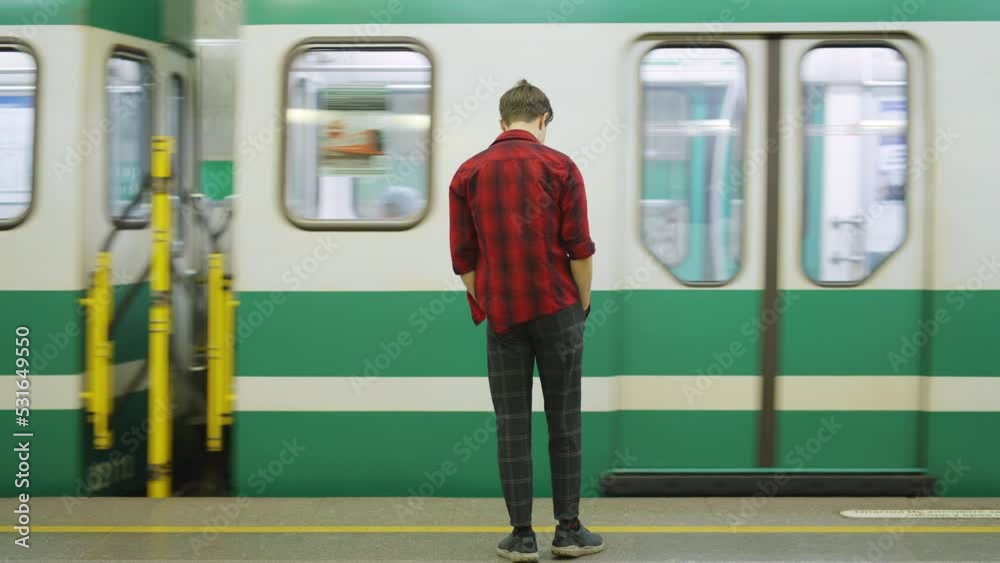 Vidéo Stock View from the back: subway, a young man is standing, a ...