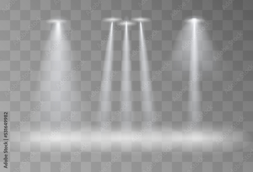 Set of white spotlights, bright lights, stage lighting isolated on ...