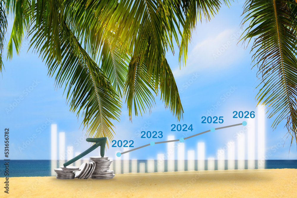 2022 to 2026 growth graph with coconut palm leaves on tropical beach ...