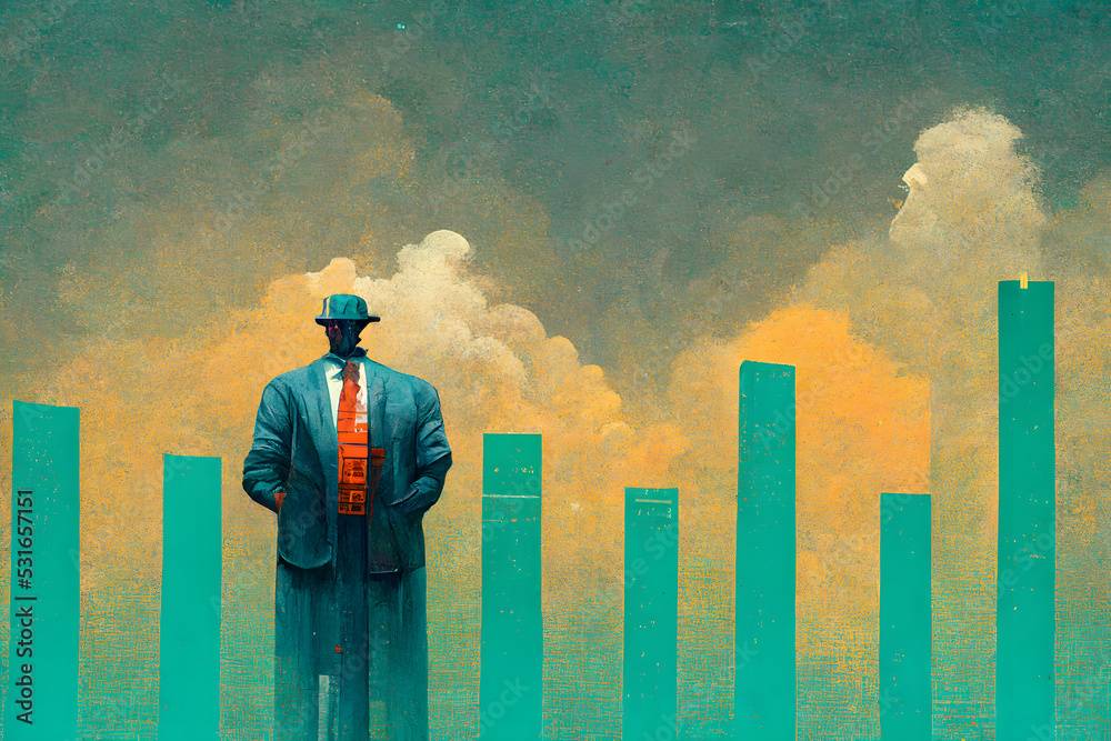 grotesque cartoon business man figure in front of bizarre styled charts ...