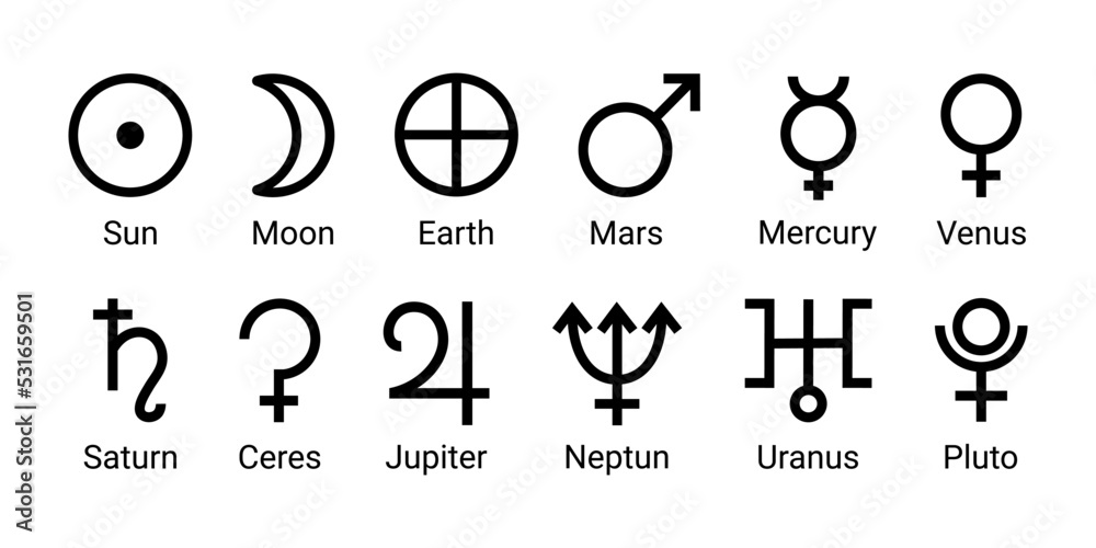 Set astrology and astronomy planet symbols. Outline icons, isolated on ...