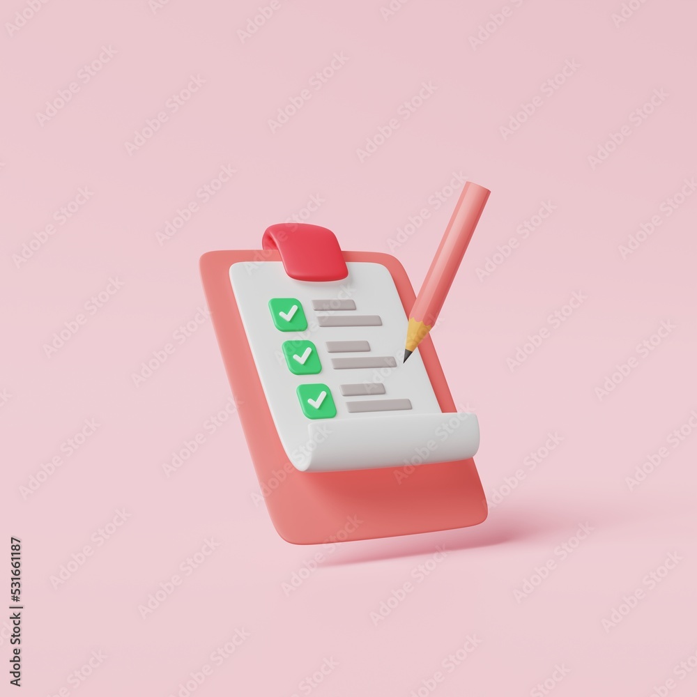 Pink clipboard with checklist paper sheet green checkbox correct check ...