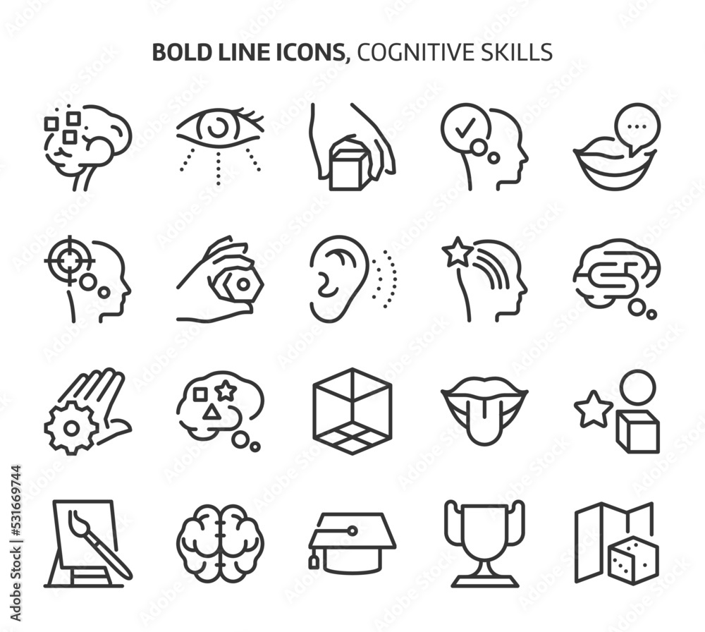 Cognitive skills, bold line icons. The illustrations are a vector ...