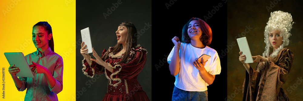 Different people, modern youth and medieval royalty persons in vintage ...