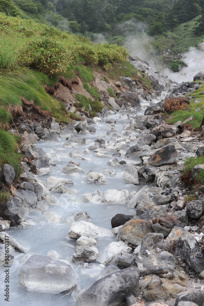 Acidic hot spring stream water with hydrochloric acid emitting steam in ...