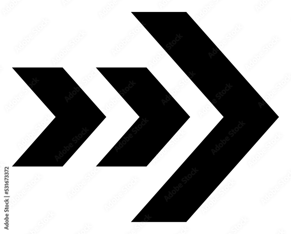 Triple arrow icon. Three sharp arrows. Triple direction pointer. Black arrow icon indicate to ...