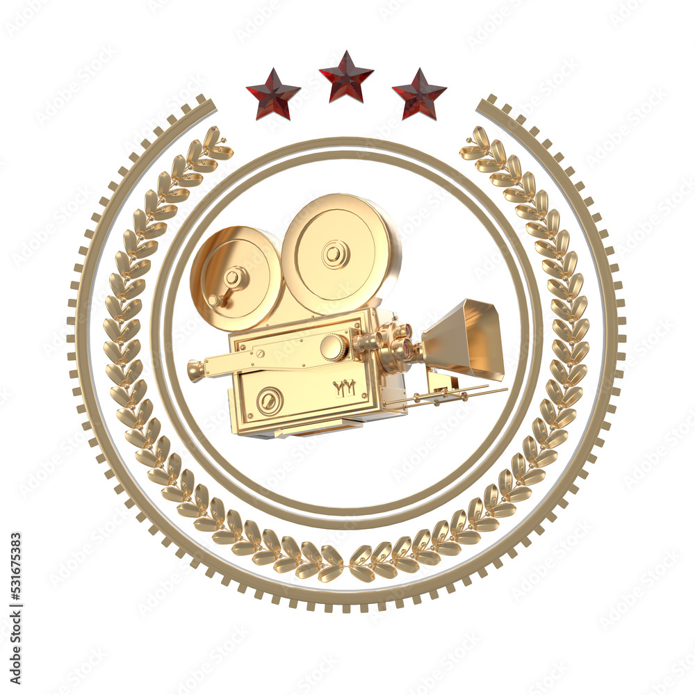 High detailed vintage golden movie camera in laurel wreath badge with ...