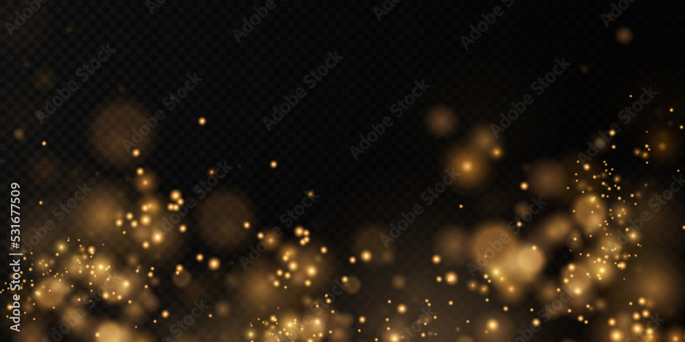 Gold sparkling dust with gold sparkling stars on a transparent background.Glittering texture ...