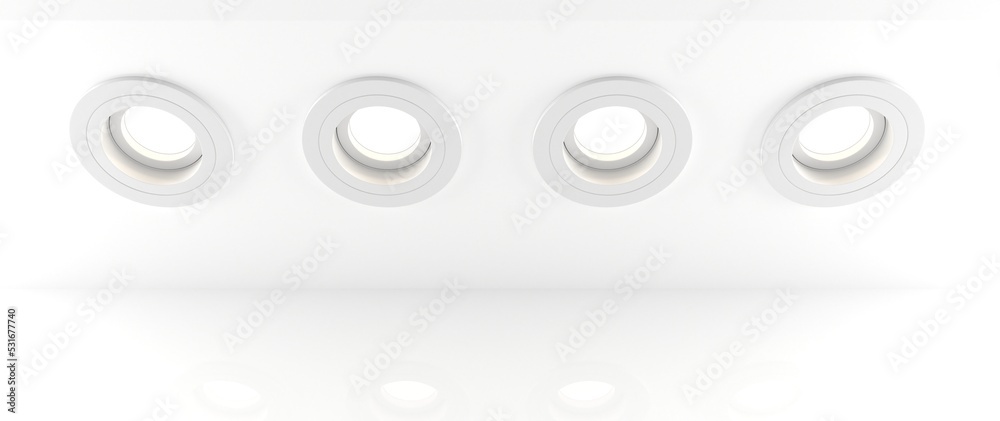 White ceiling spot lights 3D render. Realistic mockup of recessed round ...