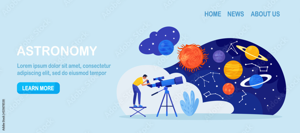 Astronomy, astronomical observation. Man studying galaxy through ...