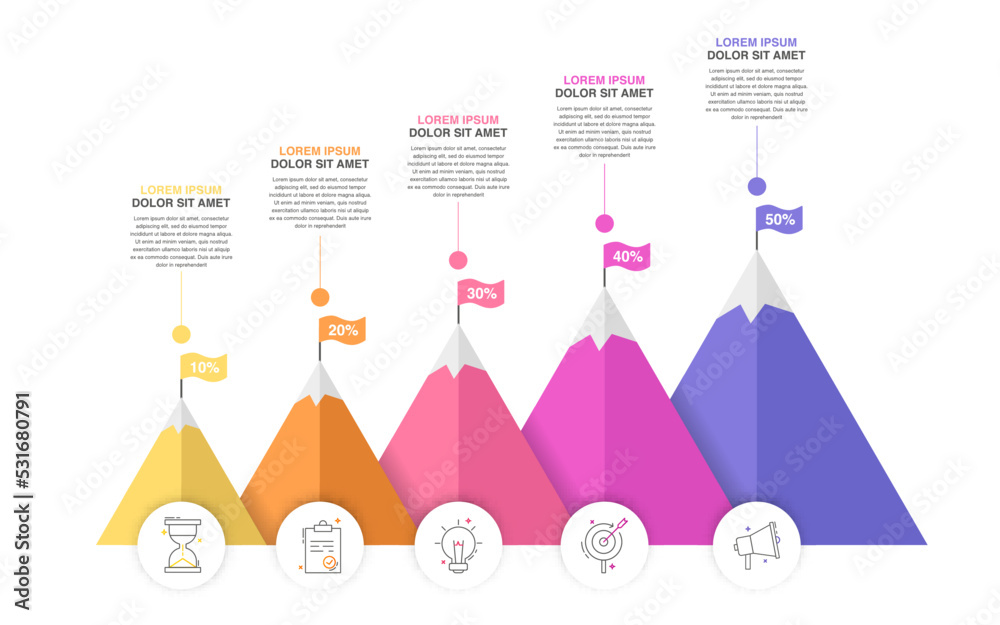 Vector timeline infographic template. Modern mountains graph with five ...
