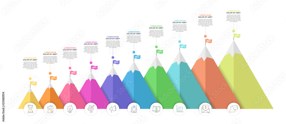 Vector timeline infographic template. Modern mountains graph with 10 ...