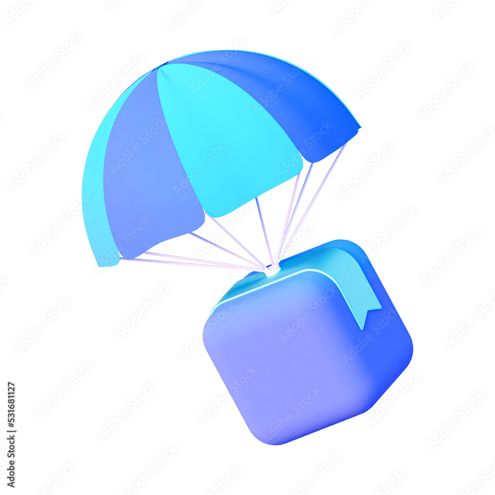 3d blue box with a flying parachute. Cargo delivery service on dark ...